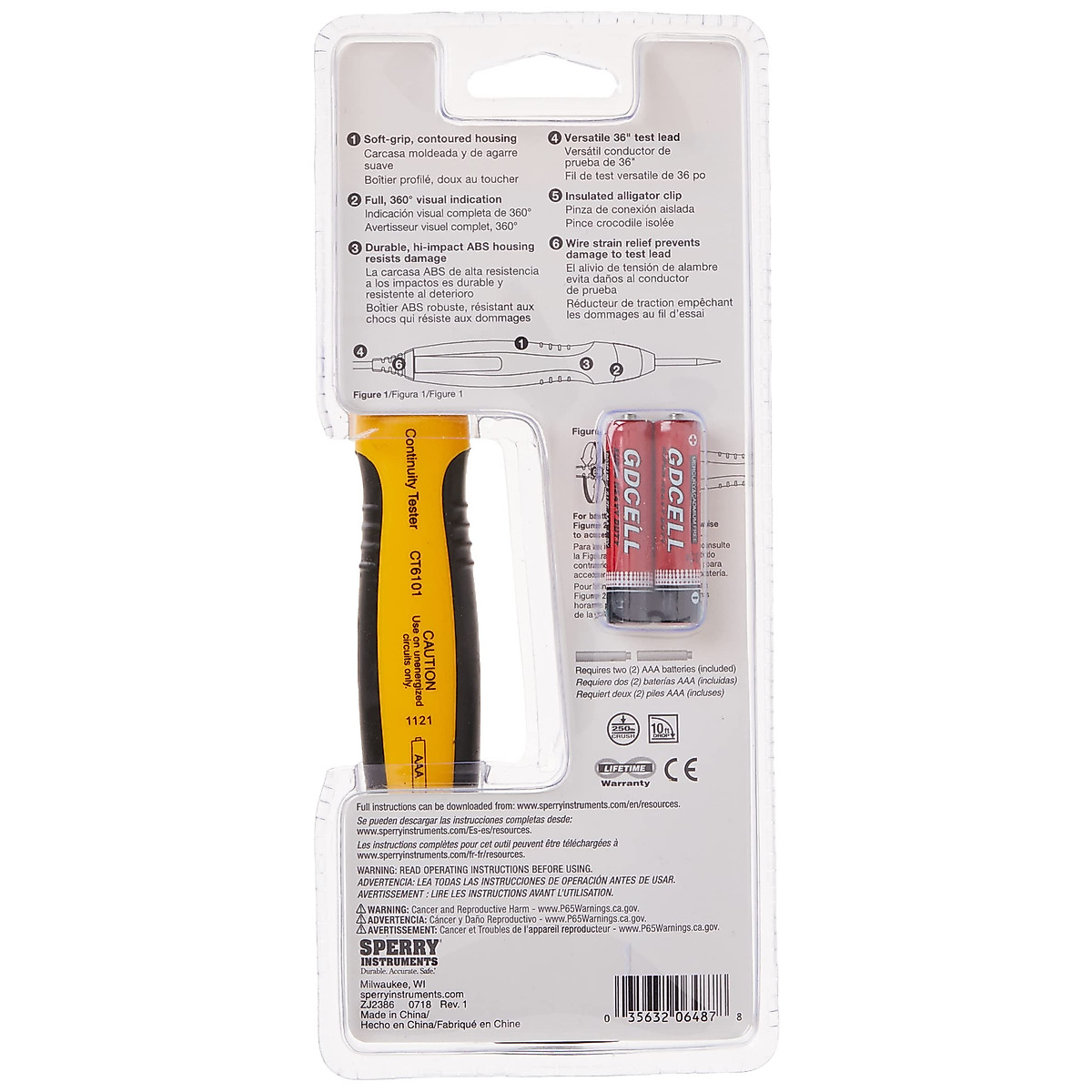 Gardner Bender Sperry Instruments CT6101 Heavy Duty Continuity Tester, 2 Range, 36 inch lead, Yellow