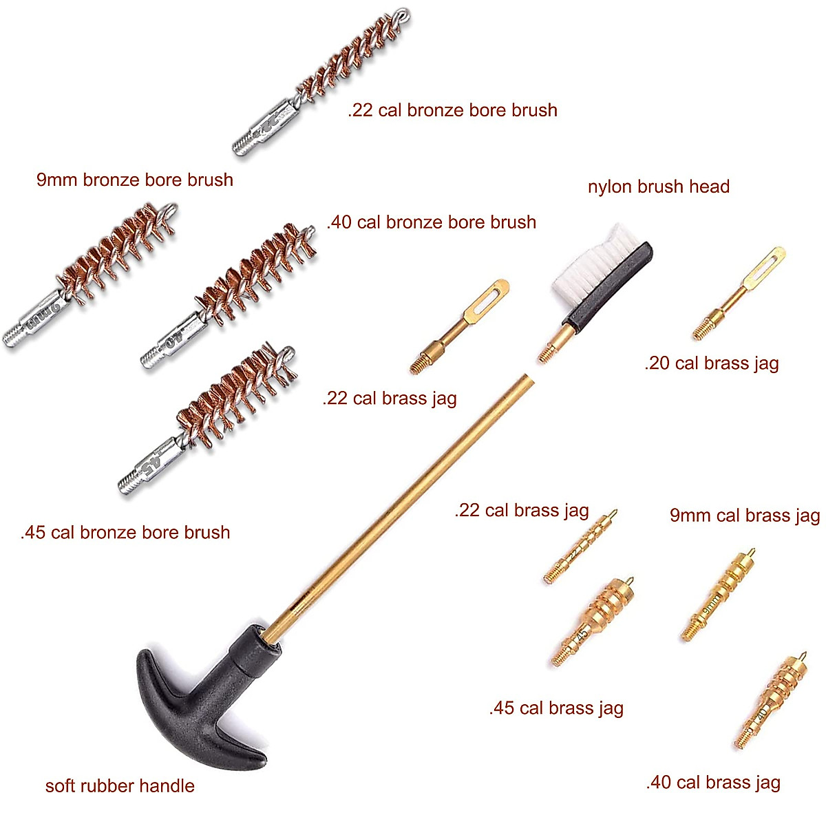 Gun Cleaning Kit 19 in 1 with Special 9mm Handgun Snake .22 .38 9mm .40 .45 Caliber Pistol Bronze Bore Brush and Brass Jag Adapter,100Pcs 3" Cotton Swabs Empty Bottle by DINGDOON