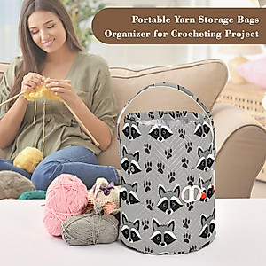 MCHIVER Racoon Paws Yarn Storage Bag Portable Crochet Bag Organizer with Handle Knitting Yarn Bags for Knitting Crochet Supplies 8.3 * 11 in