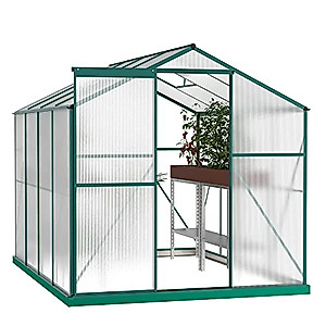 FRANSOUL 6x8 FT Hybrid Polycarbonate Greenhouse with Lockable Hinged Door, Sliding Door and 2 Vent Window, Walk-in Hobby Greenhouse Aluminum Hot House for Outdoor Garden Backyard, Green