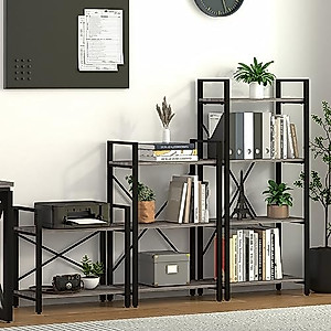 BON AUGURE Small Bookshelf for Small Space, 2 Shelf Low Metal Bookcase, Industrial Two Tier Floor Book Shelf for Living Room, Bedroom and Office (Dark Gray Oak)