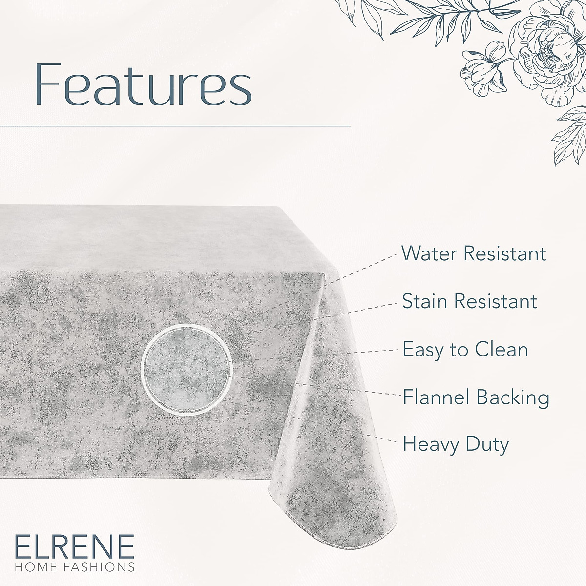 Elrene Home Fashions Mesa Marble Water- and Stain-Resistant Vinyl Tablecloth with Flannel Backing, 52 Inches X 52 Inches, Square, Gray/White