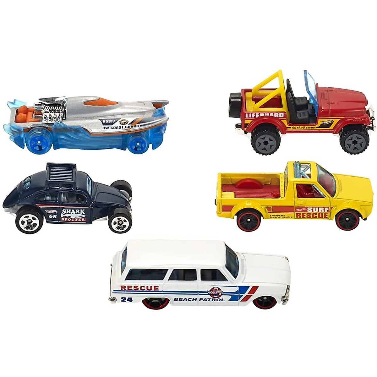 Hot Wheels Die-Cast Vehicle 5 Pack - Surf's Up ~ Includes: Mad Splash, CJ-7, Custom VW Beetle, VW Caddy, '64 Chev Nova Station Wagon