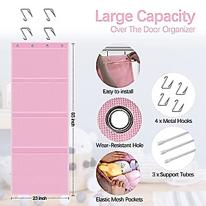 Stuffed Animal Storage, Over The Door Organizer Storage for Closet, Baby, Plush Toy, Stuffed Animal Holder with 4 Large Pockets, Hanging Door Organizer for Nursery, Bedroom, Bathroom, Kids Room (Pink)