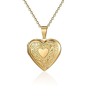 Vintage Engraved Flower Locket Picture Pendant Necklace Antique Carved Pattern Oval Heart Pendant Necklace For Women Hold Picture Souvenir Memorial Jewelry(Gold Heart 1)