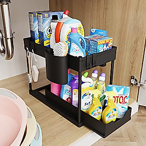 HEVOL Under Sink Organizers and Storage,2 Tier Bathroom Sink Organizer Sliding Drawer with 4 Hooks & 2 Hanging Cups,Multi-purpose Storage Shelf for Kitchen Bathroom Organizer - Send 1 Cleaning Cloth