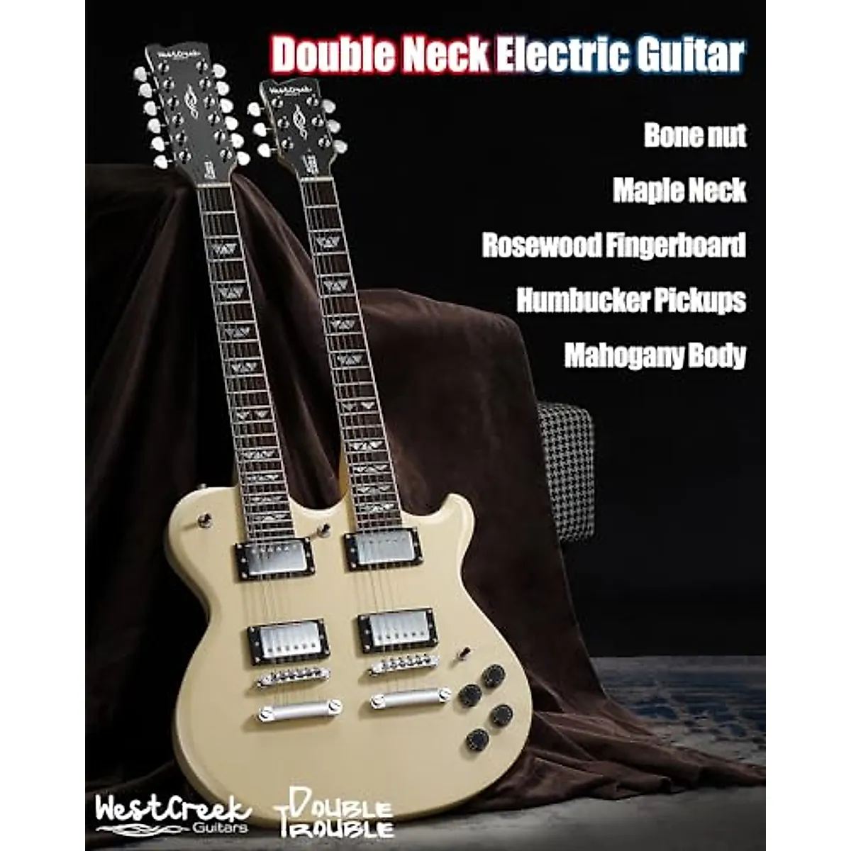 WestCreek DOUBLE TROUBLE Electric Guitar Double Neck 12 String & 6 String Guitar, Rosewood Fretboard and Mahogany Body (White)