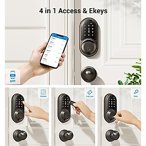 Veise Smart Locks for Front Door, 2 Knob Handle Set, Keyless Entry Deadbolt, App Control, Electronic Touchscreen Digital Keypad, Auto Lock, Easy Installation, IP54 Waterproof, Matte Black