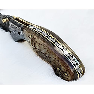 Damascus Steel Folding Pocket Knife With Ram Horn Handle - 100% Handmade Gift Knives for Men With Leather Sheath - 7.5 inches Knives For Hunters - Perfect for Any Occasion, Birthday, Anniversary, Wedding, Graduation