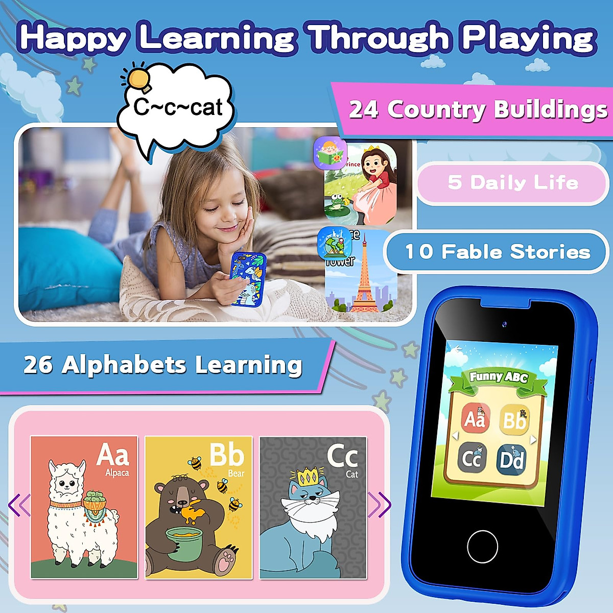 Kids Smart Phone for Boys, Christmas Birthday Gifts for Boy Girl Age 3-10 Kids Toys Cell Phone, 2.8" Touchscreen Toddler Learning Play Toy Phone with Dual Camera, Game, Music Player, 8GB Card Blue