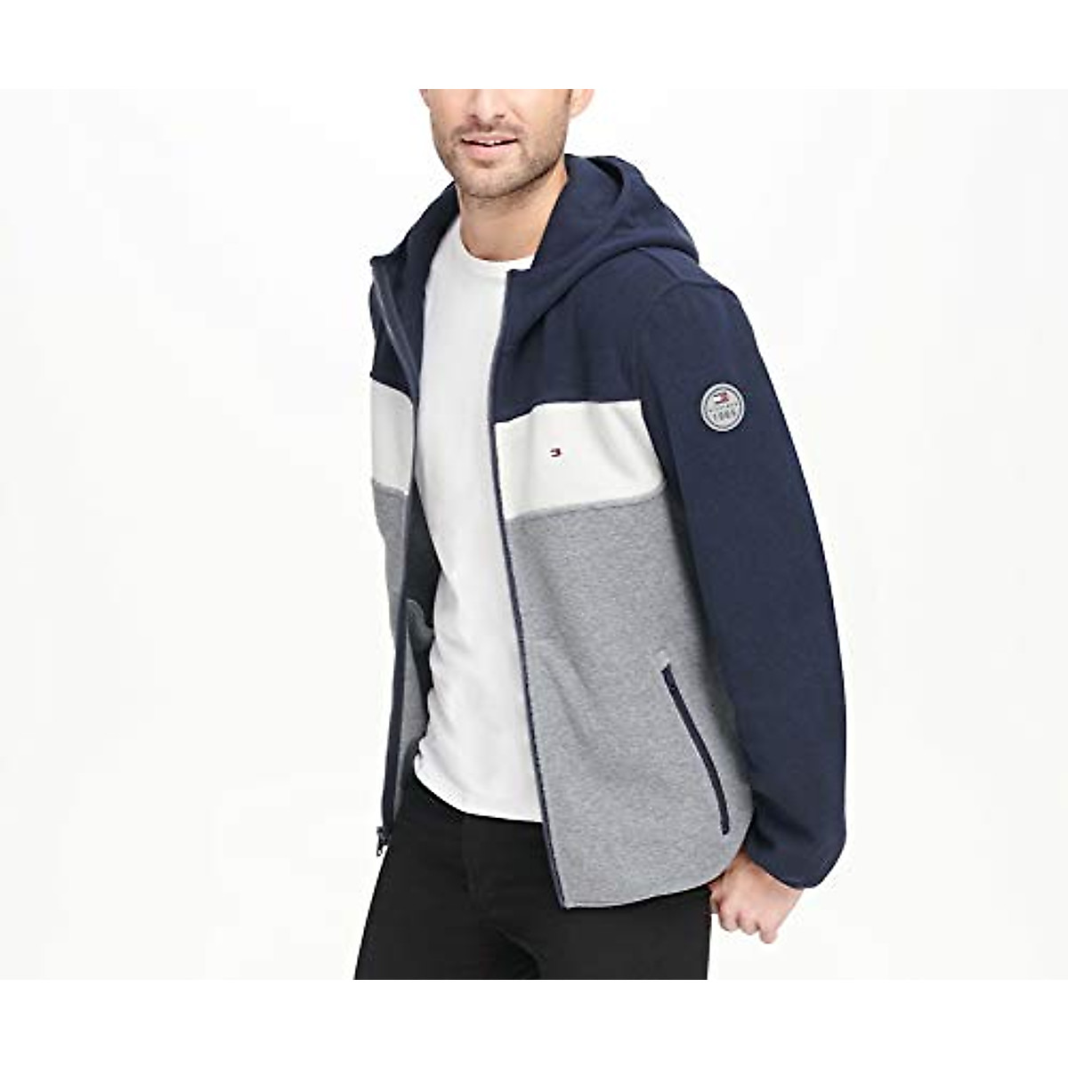 Tommy Hilfiger Men's Hooded Polar Fleece Jacket, Navy/White/Light Grey, Large