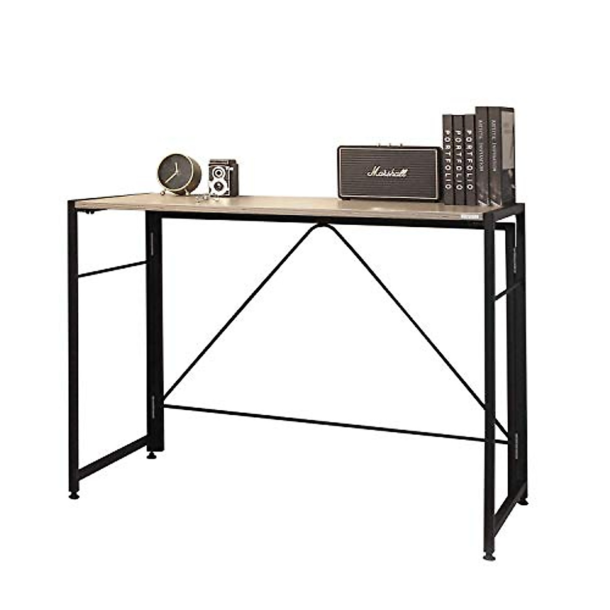 SOFSYS Modern Folding Computer Writing Desk for Small Space, Gaming, and Home Office Organization, Foldable Industrial Metal Frame with Sturdy Desktop for Students or Small Business, Oak/Black