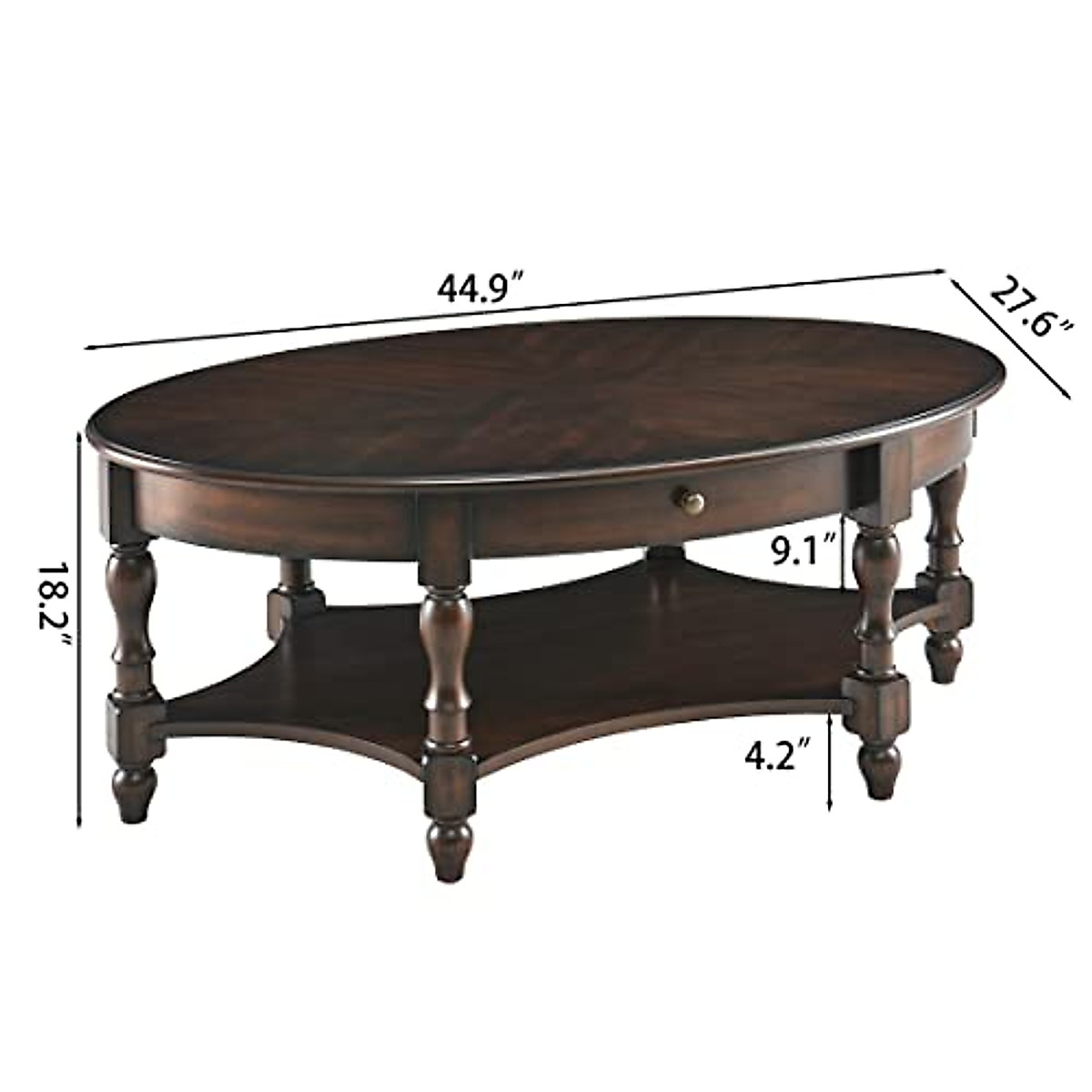 MODERION Coffee Table with Drawer, Solid Wood Oval Center Table with Storage Shelf, Traditional Living Room Table with Elegant Vintage Style, Easy Assembly, 45” x 27.6” x 18.2” Retro Walnut KFZ2233DC