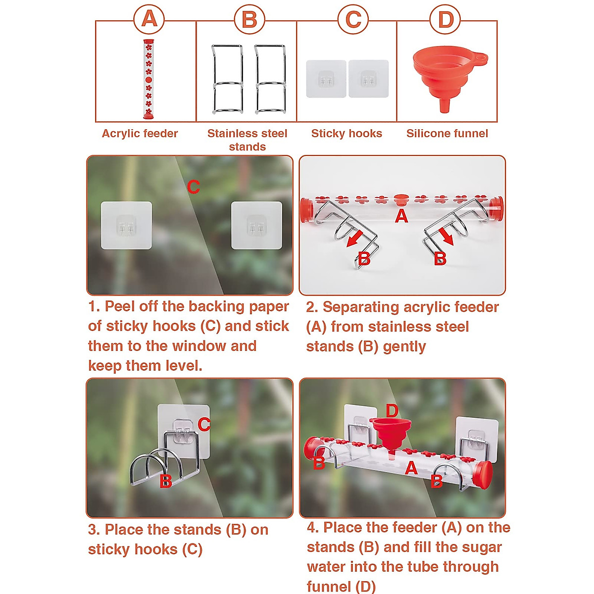 Close-up Viewing Window Hummingbird Feeder with 8 Ports Leak Proof, Top Fill & Easy to Clean Humming Bird Feeders Tube for Outdoors, 2 Pack