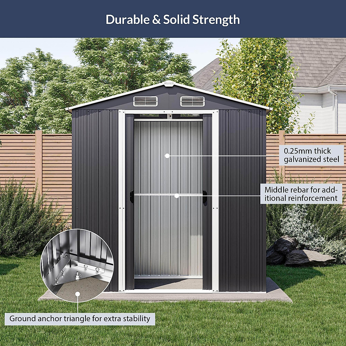 BELLEZE 6 x 4 FT Outdoor Storage Shed, Reinforced Garden Shed with Air Vent, Lockable Door, Weatherproof Metal Outside Storage Shed for Store Bike, Tools, Lawnmower, Outdoor Chairs in Backyard, Patio