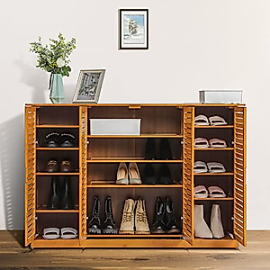 MoNiBloom Shoe Storage Cabinet with 2 Double Shutter Doors, Bamboo Floor Organizer Shelf Stand for 31-35 Pairs Entryway Hallway Bedroom, Brown