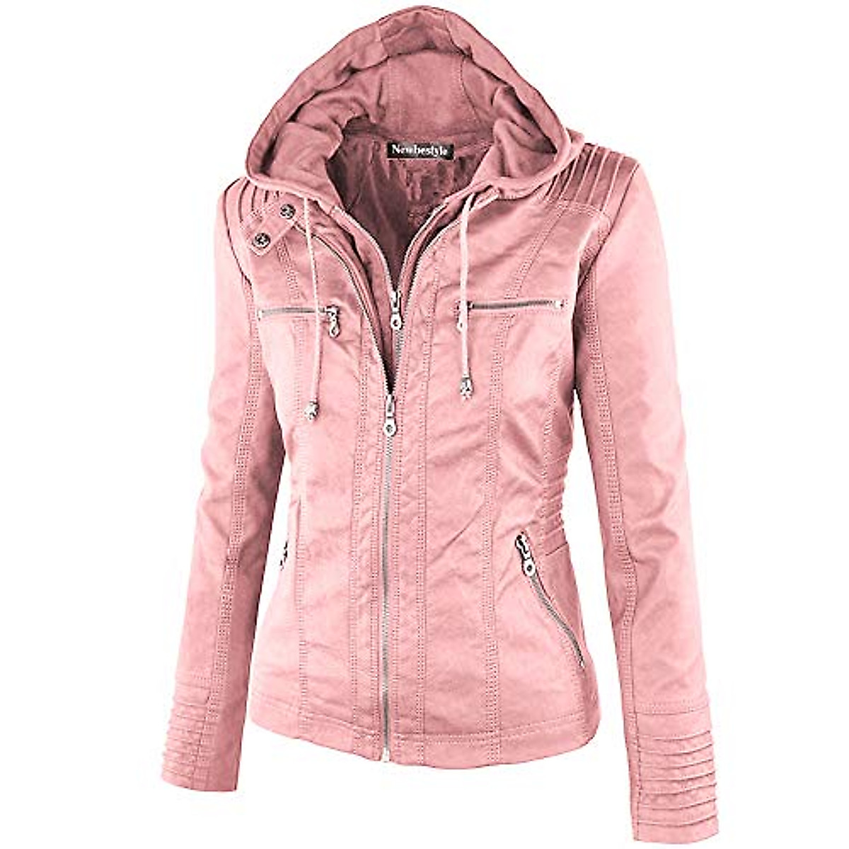 Newbestyle Faux Leather Jacket for Women Casual Moto Biker Jacket Quilted Full-Zip Coat Pink M