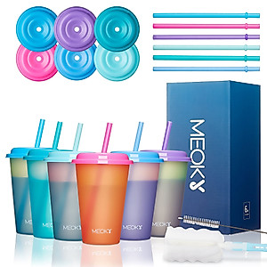 Meoky Color Changing Cups with Lids and Straws for Kids 6Pack 12oz Plastic Reusable Cold Drink Tumblers Summer Party Cups