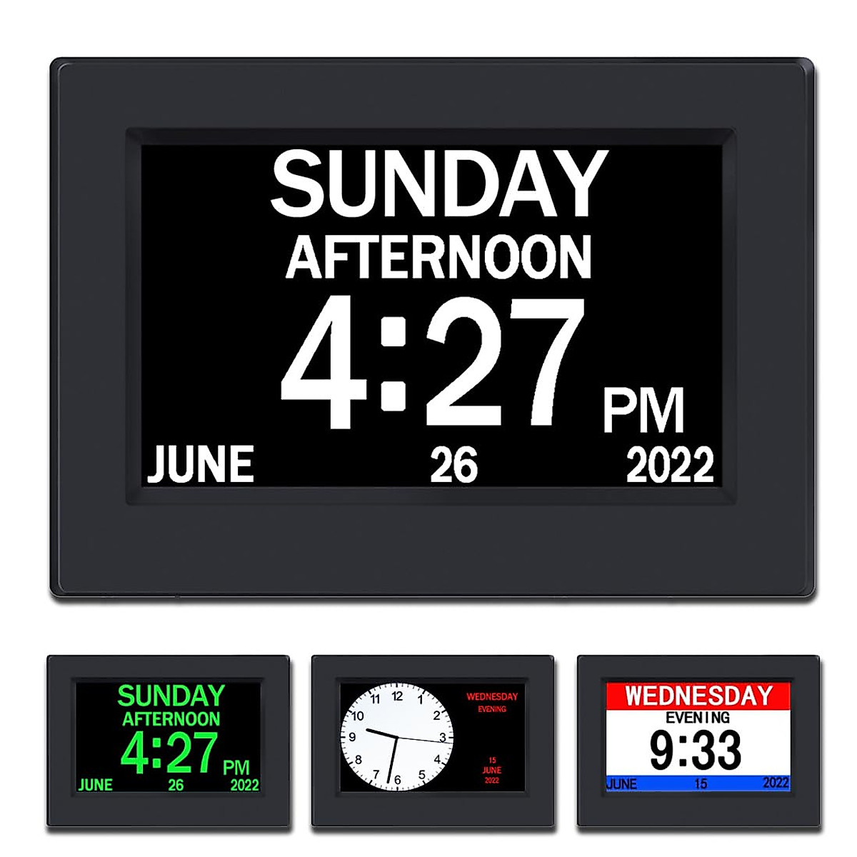 AINFTIME Clock with Day and Date for Elderly-3 Colors Display Digital Calendar Alarm Clock Dementia Alzheimers Clock with Extra Large Display (7in Black)