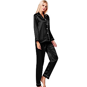 SWOMOG Womens Silk Satin Pajamas Long Sleeve Loungewear Two-piece Sleepwear Button-Down Pj Set Black
