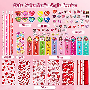 196PCS Valentine's Day Stationery Set Classroom Exchange Gift for Kids, Valentine Party Favor with Bookmark Ruler Pencil Sharpener Transparent Candy Bags Heart Foam Sticker, Gifts for Student Teacher
