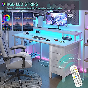 Lufeiya White Gaming Desk with Fabric Drawers and Storage Shelves, 47 inch Home Office Desk with Monitor Stand, Computer Desk with LED Lights and Power Outlets, White