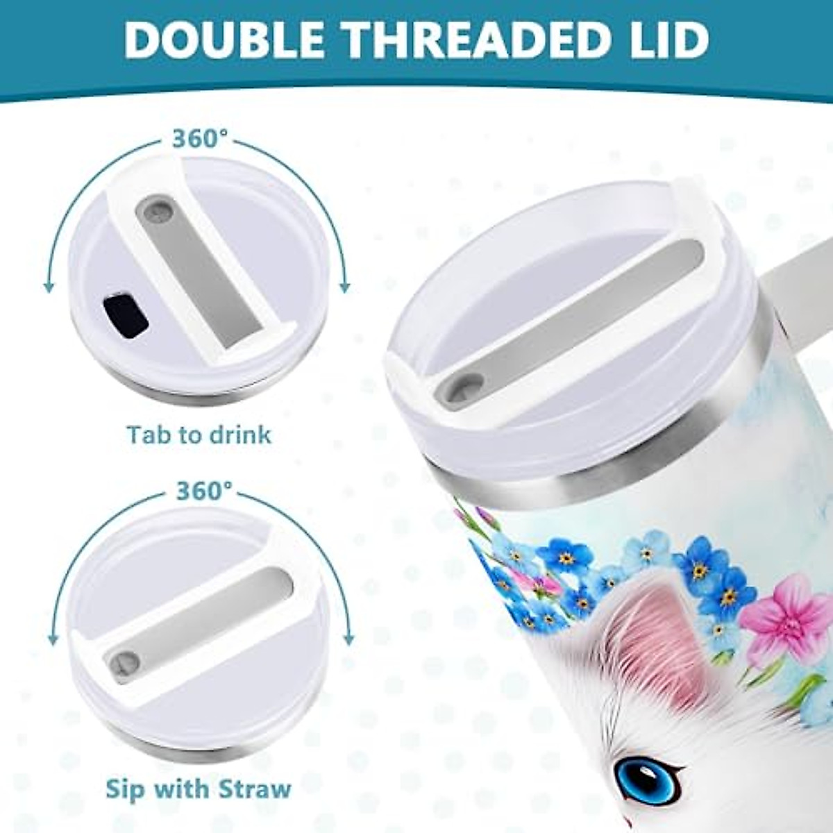 Cozy White Cat Rose 40 Oz Tumbler with Handle, Stainless Steel Cups with Lid, Travel Coffee Tumbler