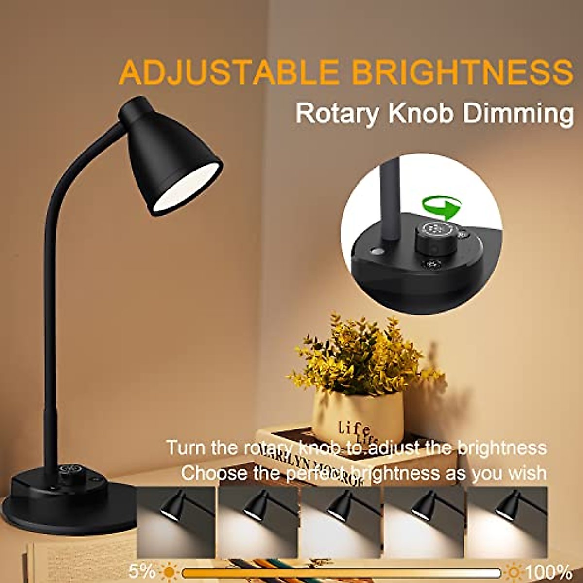 BOHON LED Desk Lamp with USB Charging Port 3 Color Modes Dimmable Reading Light Intelligent Induction Auto Dimming Task Lamp Flexible Gooseneck Table Lamp for Bedside Office, AC Adapter Include