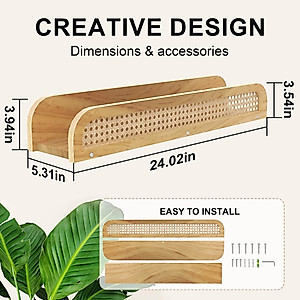 MVPSONAG Rattan Wall Shelf, Natural Boho Bookshelves for Wall, Modern Wooden Wicker Shelf, Cute Nursery Shelves, Floating Shelves for Kids Room, Living Room, Bedroom