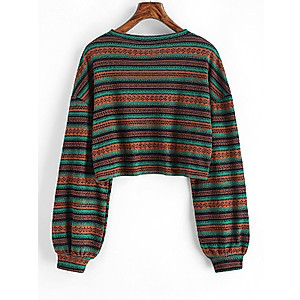 ZAFUL Women's Tribal Ethnic Graphic Cropped Knitwear Bohemian Long Sleeve Pullover Sweater Boho Drop Shoulder Knitted Top Multicolored