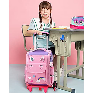 Tanou Girls Rolling Backpack with 6 Wheels, 16 Inch Lightweight Roller Backpacks for Girls Elementary, Carry-on Wheeled Backpack for School Travel, Over 4 Years Old, Pink Purple