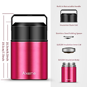 Alxeme Insulated Lunch Container, 27oz Vacuum Insulated Food Jar for Kids Adult, Stainless Steel Wide Mouth Soup Thermo for Cold Hot Food, Leak Proof Bento Box with Spoon Flexible Handle - RoseGold