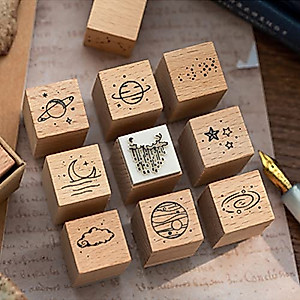 16Pcs Vintage Wooden Seal Set, Retro Rubber Stamps, Flower Moon Star Butterfly Mountain Rubber Stamps for Scrapbooking Ephemera Planner DIY Craft Card Making (Moon&Sixpence)