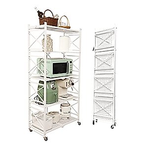 villertech Folding Shelf 5 Tier,Folding Bookshelf,Foldable Shelf,Metal Folding Storage Shelves with Wheels,Sturdy,No Assembly Folding Shelf Unit for Kitchen,Living Room,Study,Greenhouse(White)