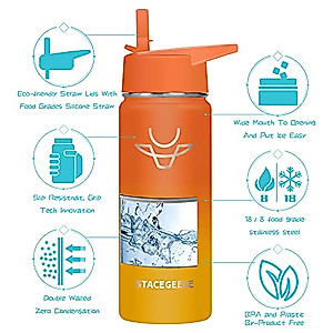 STACEGEELE Insulated Vacuum Water Bottle for Kids with Straw Lid Stainless Steel Flask Thermos for Boys and Girls Leak Proof Lightweight Eco Friendly 18oz(550ml), Orangeade
