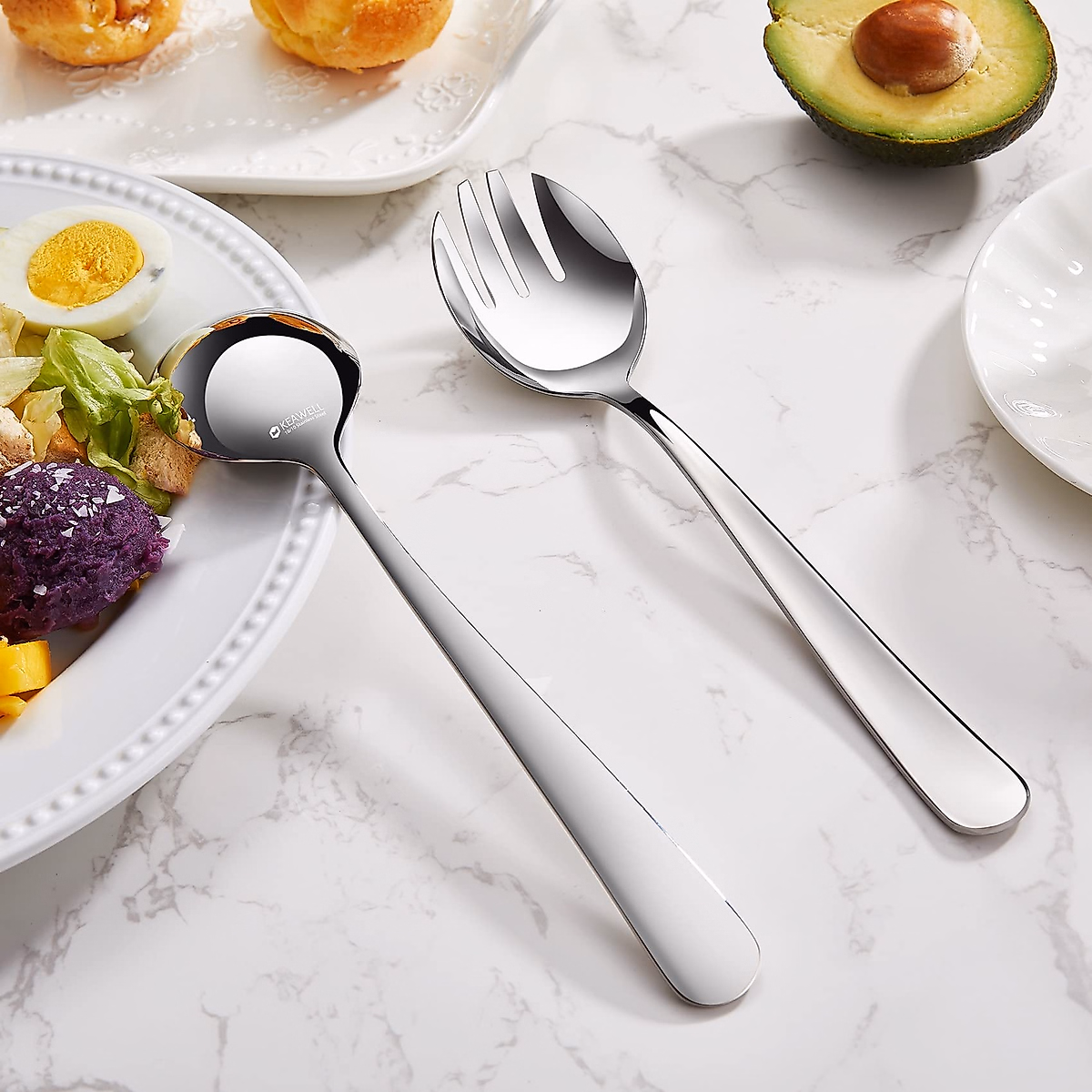 KEAWELL Premium 9.45" Louise Salad Servers, 18/10 Stainless Steel, Exceptional mirror finish, Dishwasher Safe (Salad Servers)