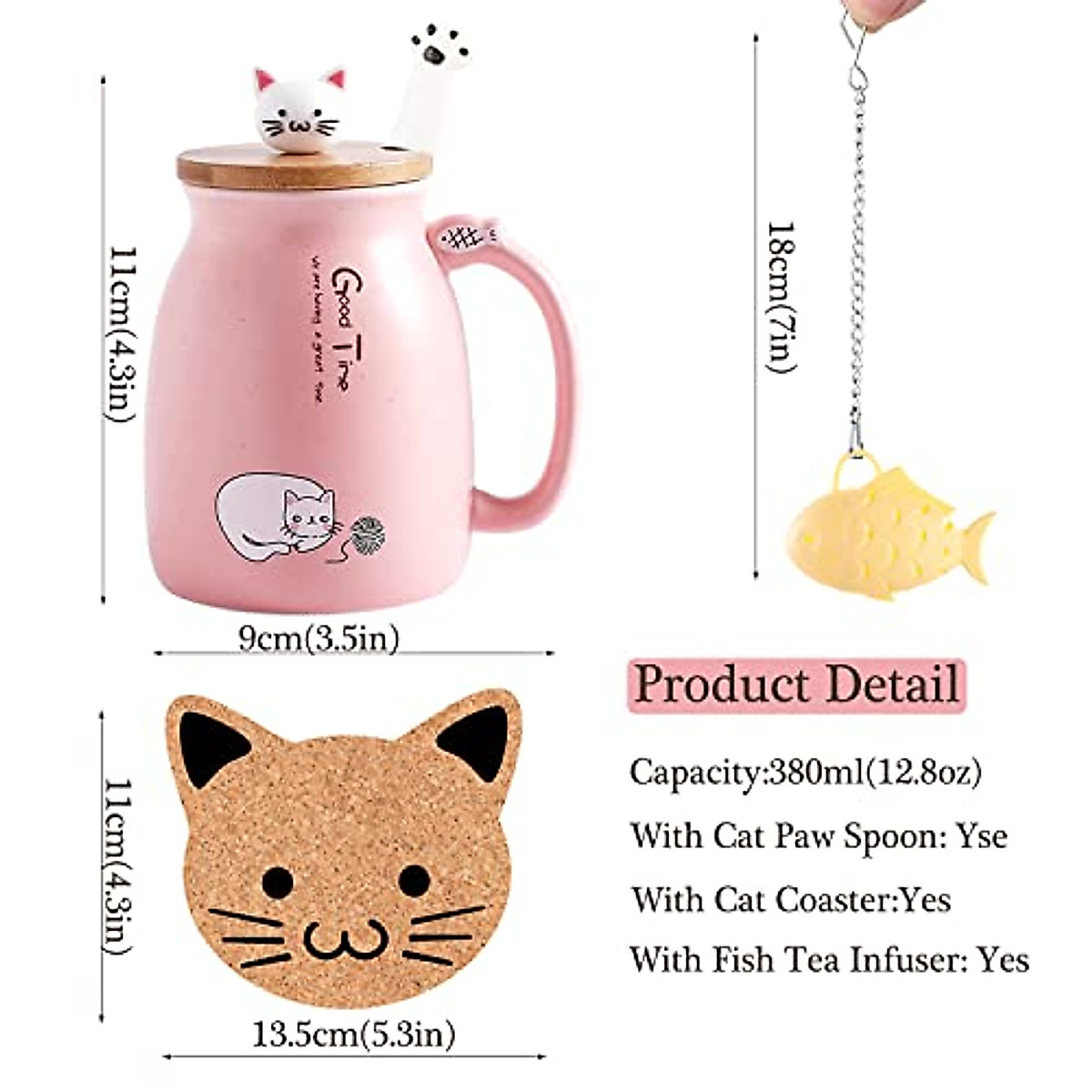 BigNoseDeer Cat Mug Cute Ceramic Coffee Mugs with Lovely Kitty Lid Cat Paw Spoon kawaii Coaster Novelty Tea Cup Pink Mug for Women Christmas Mug Mothers Day Gifts Birthday Gifts 380ML