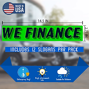 Versa Tags Windshield Slogan Stickers 12 Pack Each of ONE Owner, 3RD Row Seating, WE Finance, FINANCING Available, Warranty (60) Window Stickers Total Dealership Stickers Black On Green