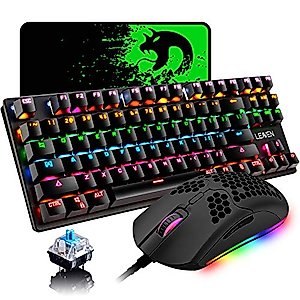 Mechanical Gaming Keyboard and Mouse Combo,87 Keys Compact Rainbow Backlit Keyboard,RGB Backlit 6400 DPI Lightweight Gaming Mouse with Honeycomb Shell for Windows PC Gamers