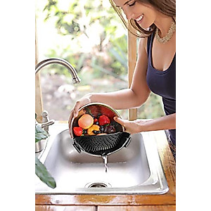 Clip On Kitchen Food Strainer for Spaghetti, Meat, Pasta, & Ground Beef Grease, Colander & Sieve Snaps or Clips Onto Bowls, Pots & Pans Includes Silicone Drainer, Brush & Garlic Peeler (Black)