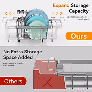 Orgneas Capacity Expandable Dish Drying Rack in Sink, Stainless Steel Rustproof Over Sink Dish Drainer Rack with Utensil Holder for RV Kitchen Counter, Fit for Inside Width 10.5''~17'' Sinks