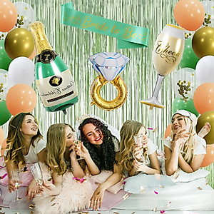 Vlipoeasn 33PCS Bachelorette Party Decorations - Green Bride to Be Party Decoration Kit, Bride to Be Sash, Crown, Veil, Foil Curtains, Champagne Bottle Goblet Balloons, Bridal Shower Party Supplies