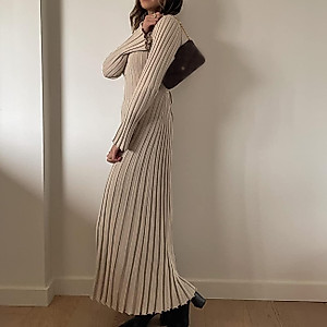 SOOKABEILA Women's Sexy Long Maxi Dress V Neck Backless Slim Fit Pencil Long Dress Bodycon Party Clubwear Dresses (G-Beige V Neck Knit,M)