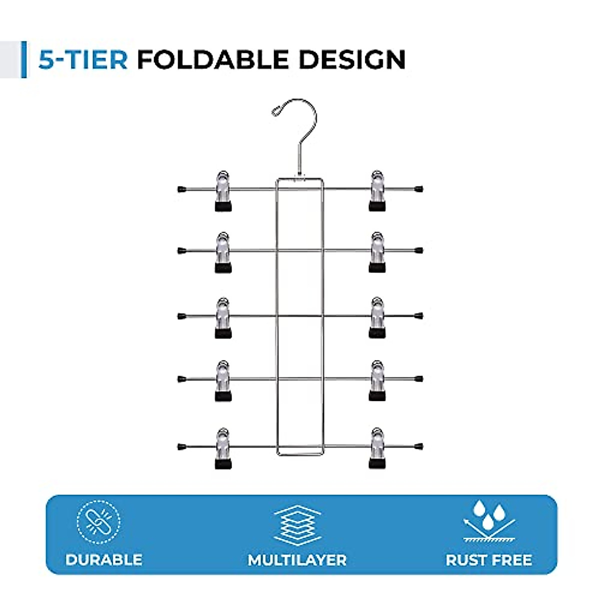 USTECH 5 Tier Clothes Hanger with Clips | Metal Closet Organizer with Non-Slip Rubber Tip | Space-Saving Pant and Scarf Hangers | Ideal for Clothes Storage, Dorm Room & Closet Organization | Pack of 3