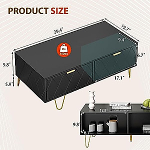 Scurrty 39.4'' Coffee Table with Large Drawers & 2 Open Storage Shelves, Black Modern Coffee Tables with Gold Metal Handles for Living Room, Bedroom and Study (Black)