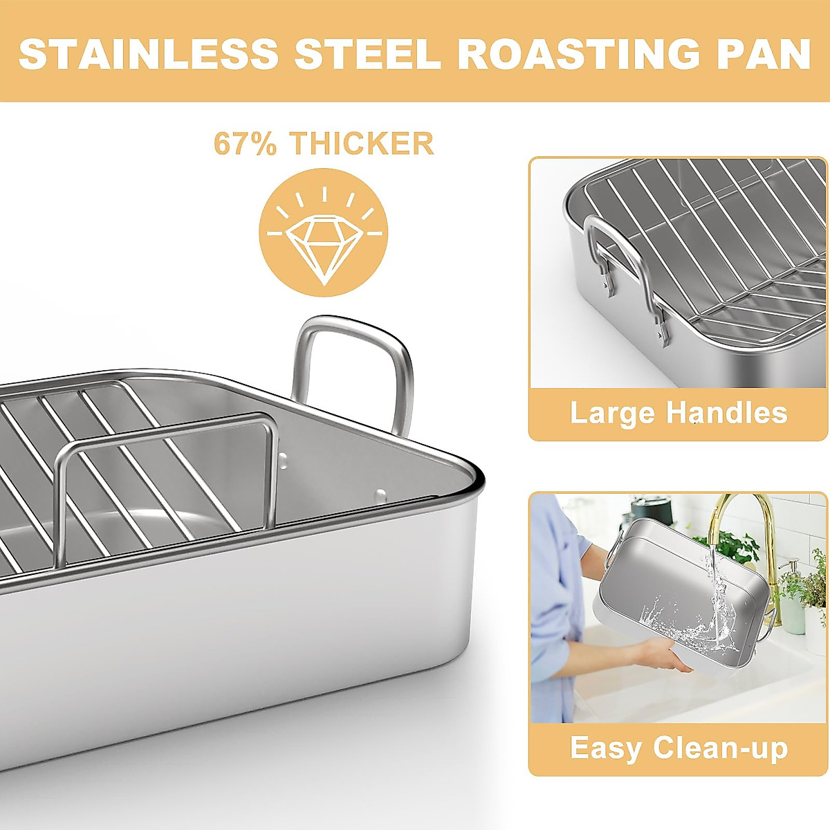 Roasting Pan, Deedro 17*13 Inch Stainless Steel Turkey Roaster with Rack - Deep Broiling Pan & V-shaped Rack & Flat Rack, Non-toxic & Heavy Duty, Great for Thanksgiving Christmas Roast Chicken Lasagna