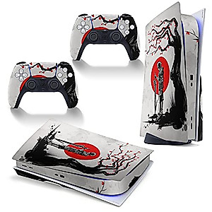 PlayStation 5 optical drive version sticker protective cover, Cherry Blossom Trees Before Red Day Red Sun in Zanarkand ps5 controller protective shell (compatible with ps5 optical drive)