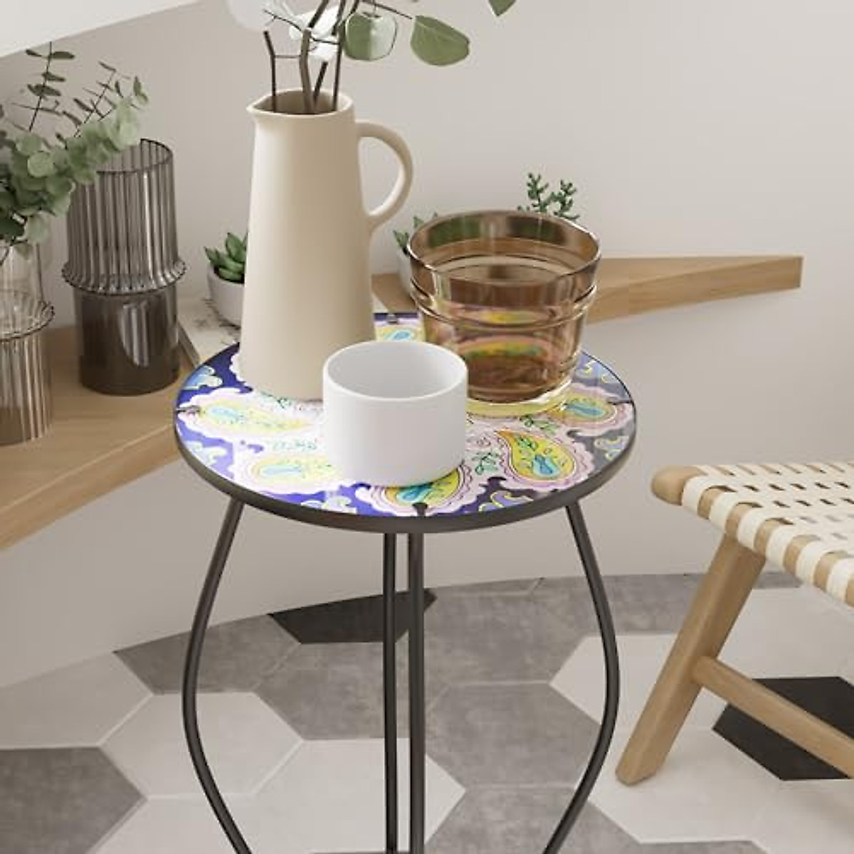 Paytonture Patio Side Table Outdoor Mosaic Table Accent Coffee Table,Plant End Table Small Porch Purple Table Indoor,Round Glass Balcony Small Porch Plant Stands for Garden Patio Living Room 14 Inch