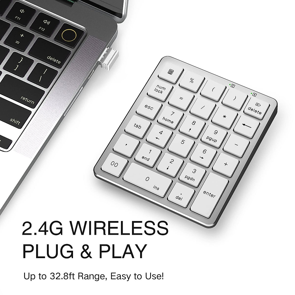 PINKCAT Wireless Number Pad, 28 Keys Numeric Keypad with 2.4G Mini USB Receiver, Portable Number Numpad Financial Accounting for Laptop, PC, Notebook, Desktop, Surface Pro - Silver