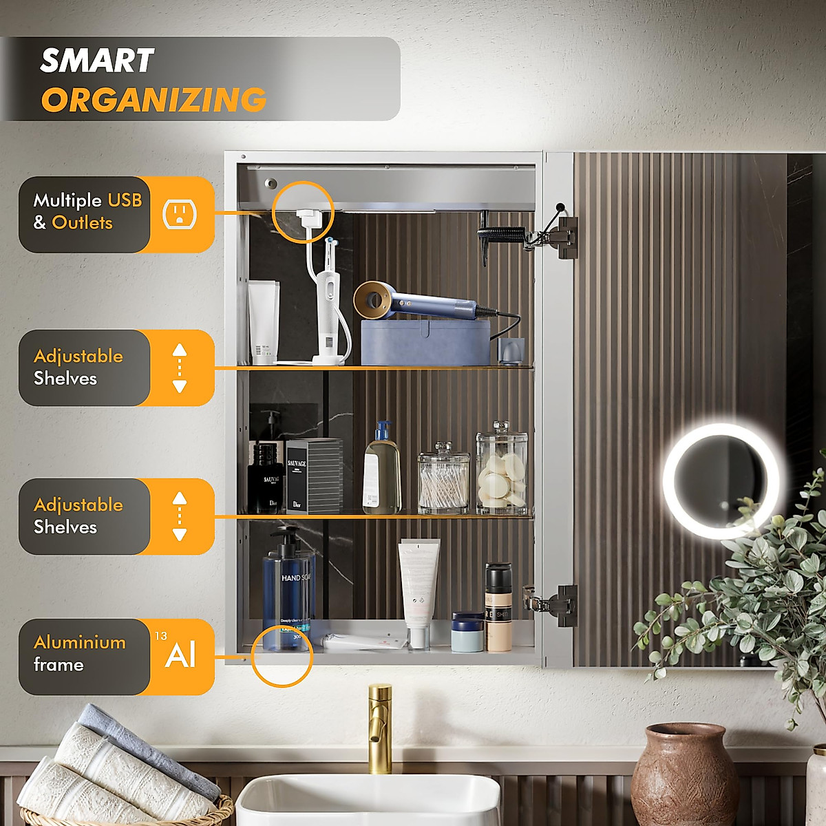 KRISTALLUM LED Lighted Medicine Cabinet Front & Backlit Dimmable Colours, Clock & Temp, USB Outlets (20 x 32inc)